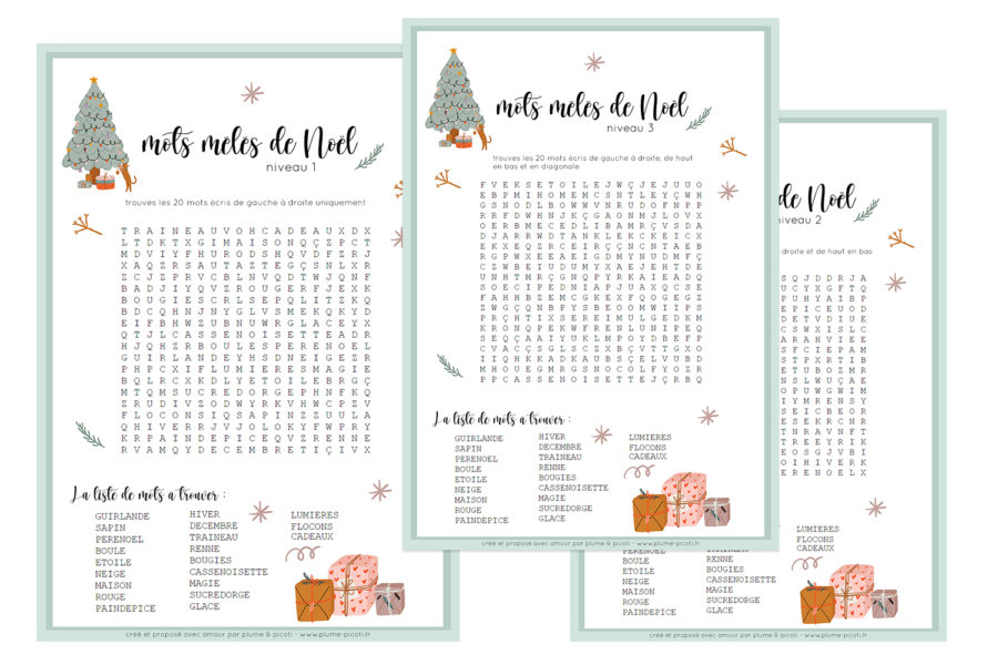 Trois Grilles de Mots mêlés de Noël | Plume & Picoti