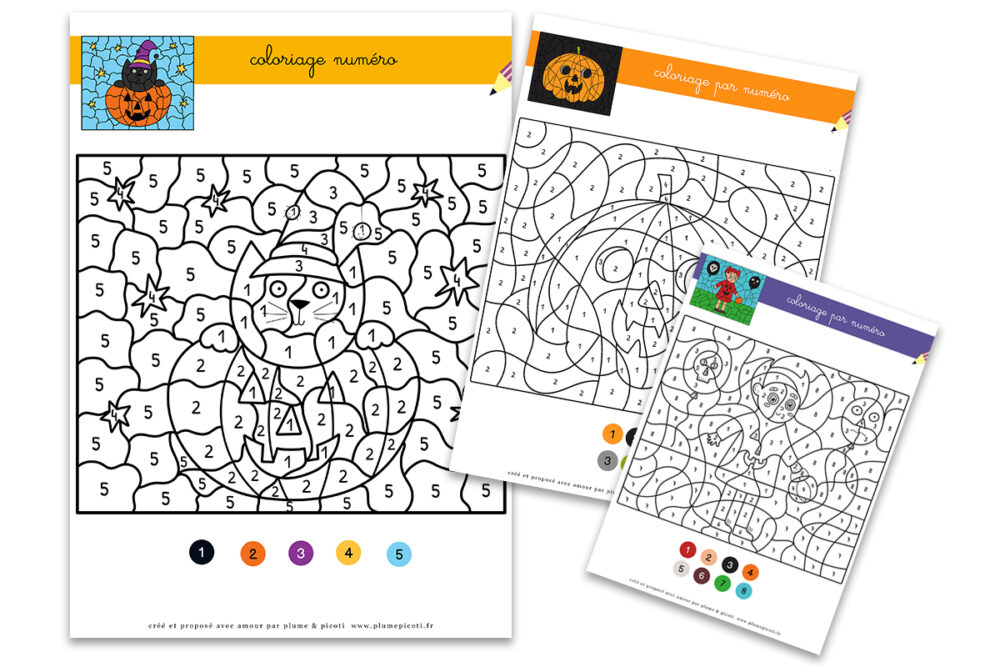 7 coloriages par numéro Halloween | Plume & Picoti